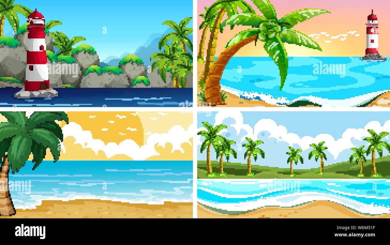 Set of tropical ocean nature scenes with beaches illustration Stock ...