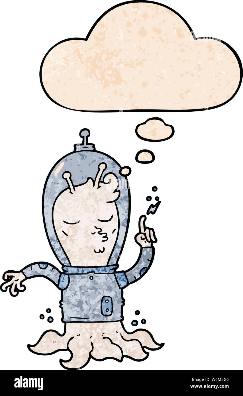 cartoon alien with thought bubble in grunge texture style Stock Vector ...