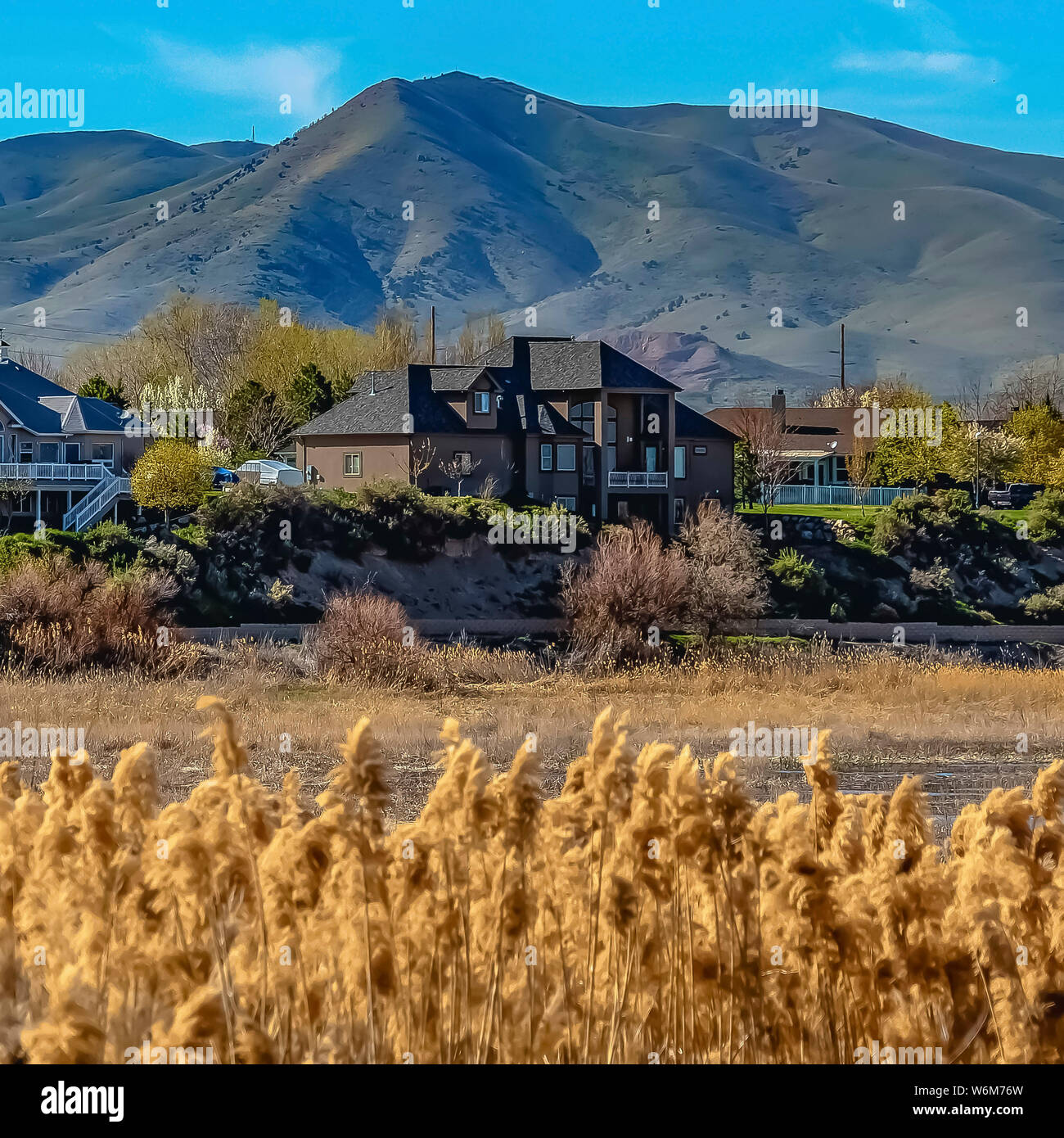 frame Lakefront houses with towering mountain and blue sky background ...