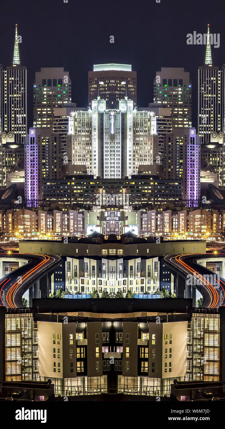 Vertical Mirrored photo of San Francisco at night Stock Photo - Alamy