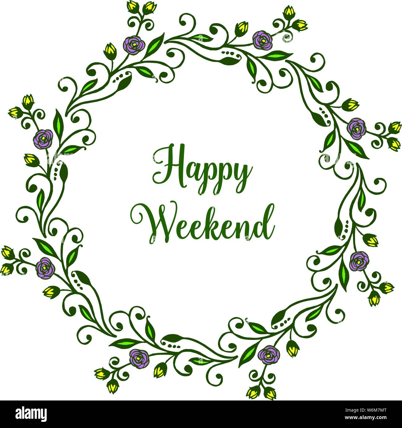 Greeting card happy weekend, with bright green leafy flower frame ...