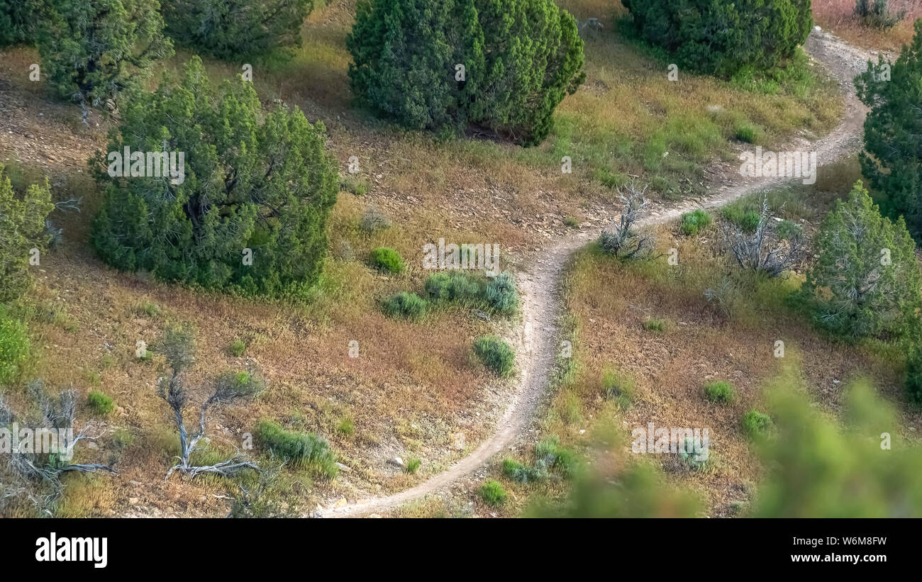 Panorama frame Narrow hiking trail curving through the grassy terrain ...