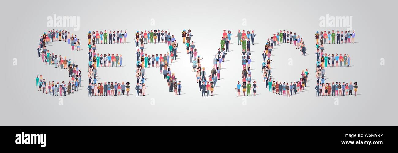 people crowd gathering in shape of service word different occupation ...