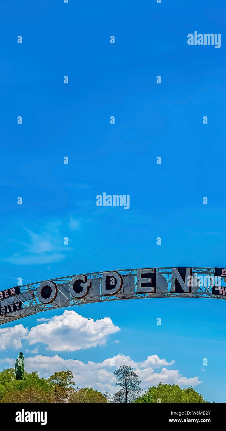 Vertical frame Back view of the towering welcome arch at the city of ...