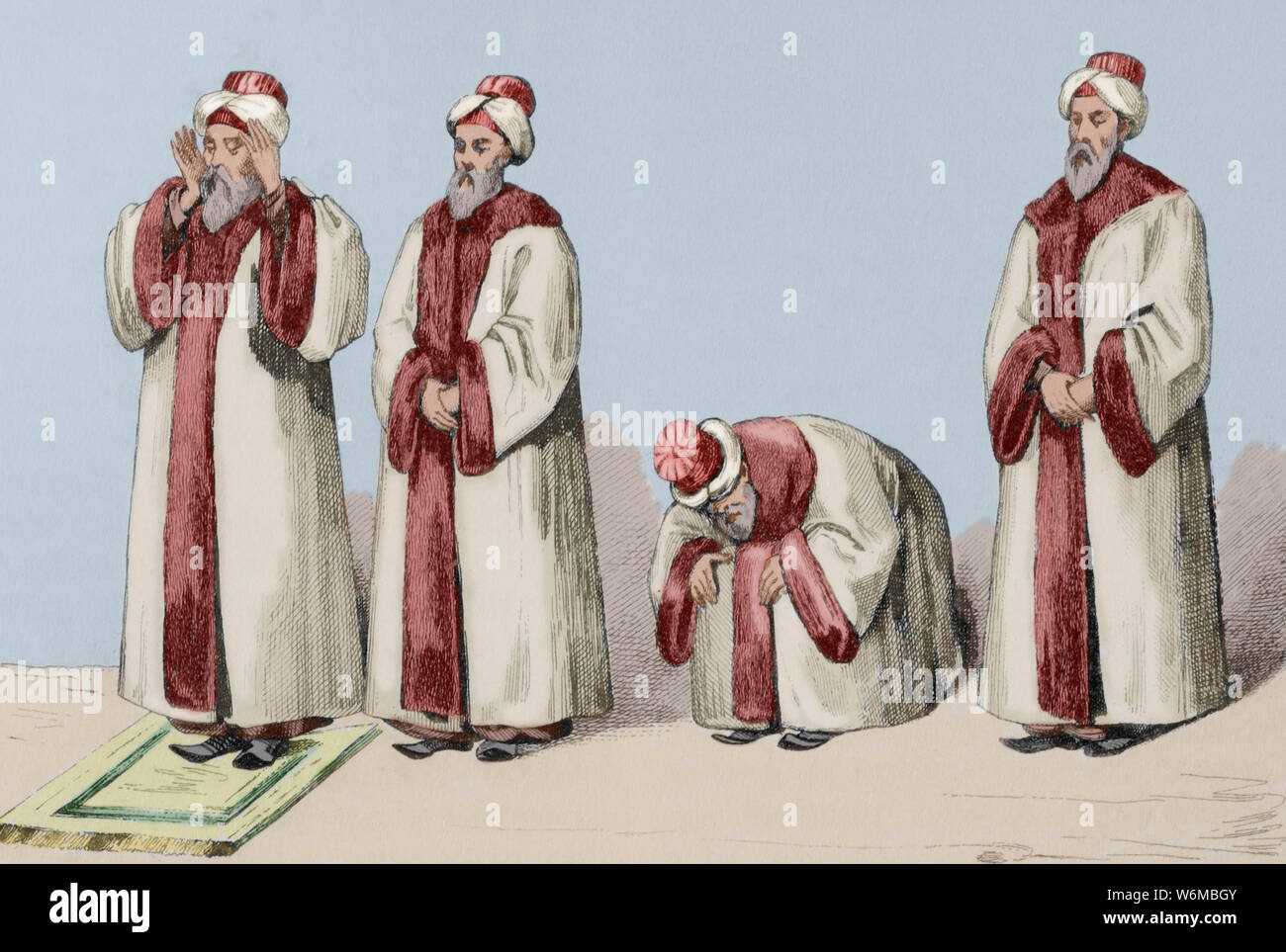 Attitudes of a Muslim during the prayer called Namaz. Engraving ...