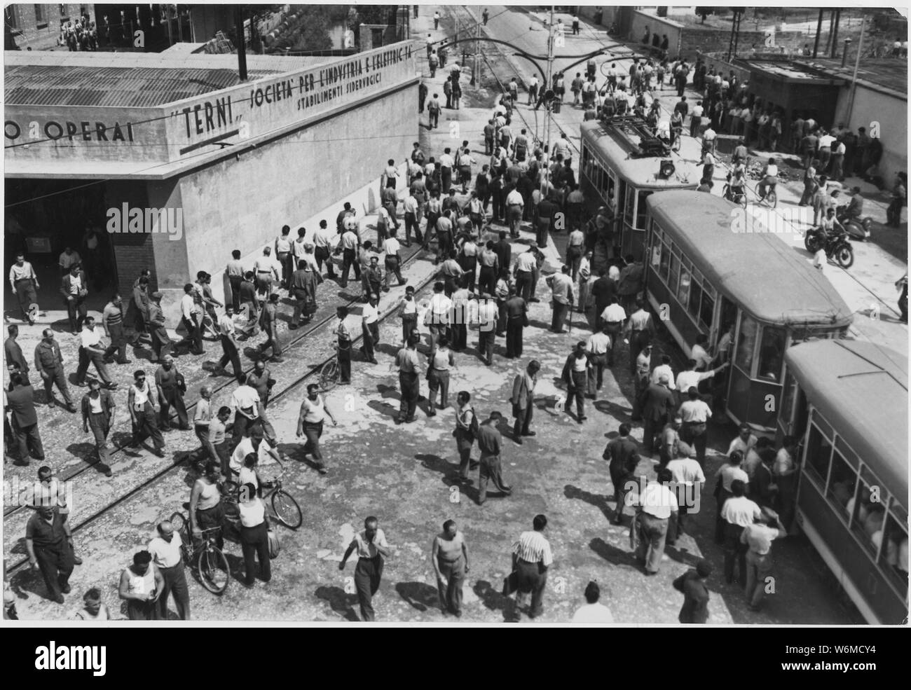 Terni, Italy. Photo shows steel workers streaming out of the Terni ...