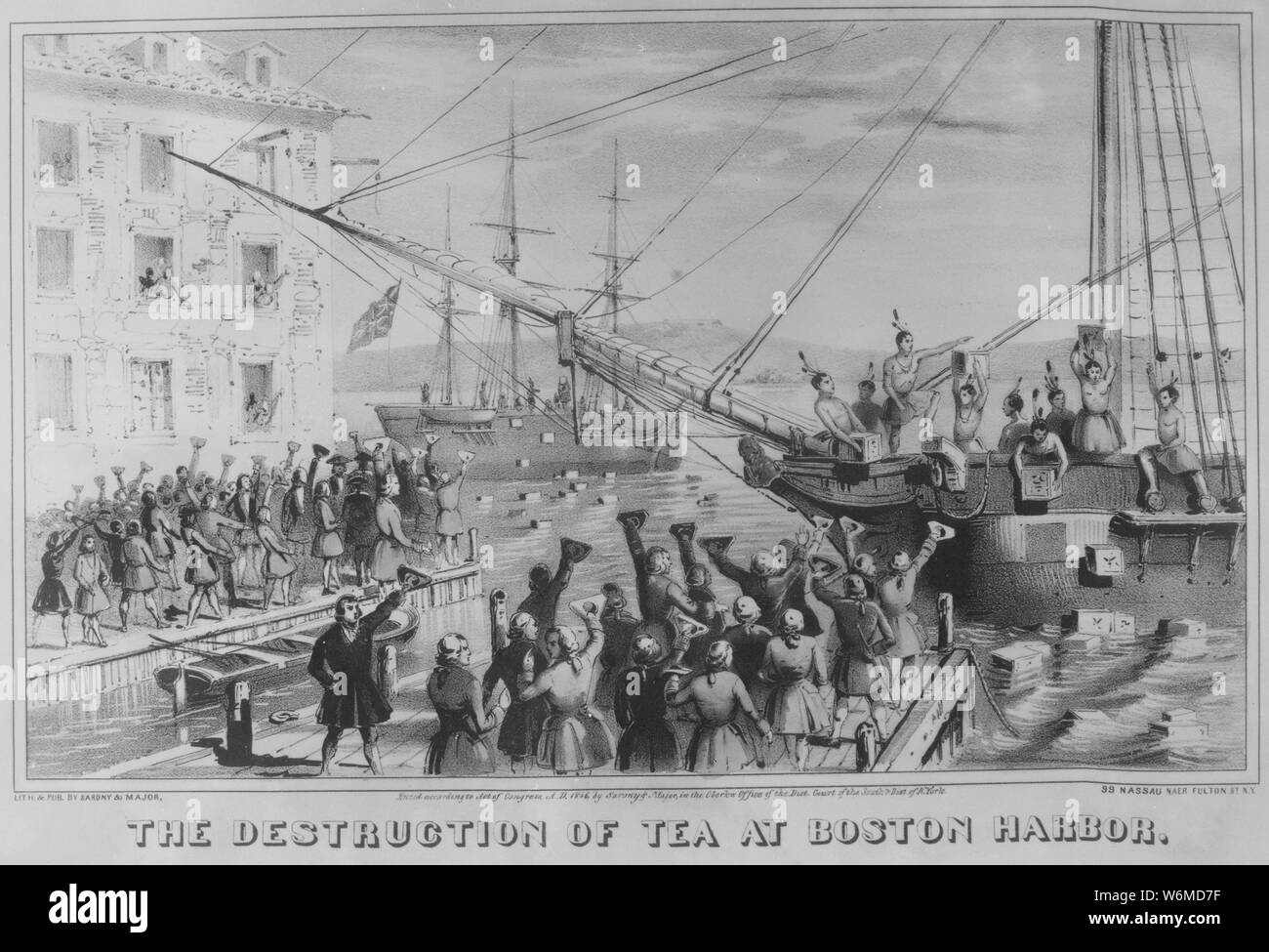 The Destruction of Tea at Boston Harbor. 1773. Copy of lithograph by ...