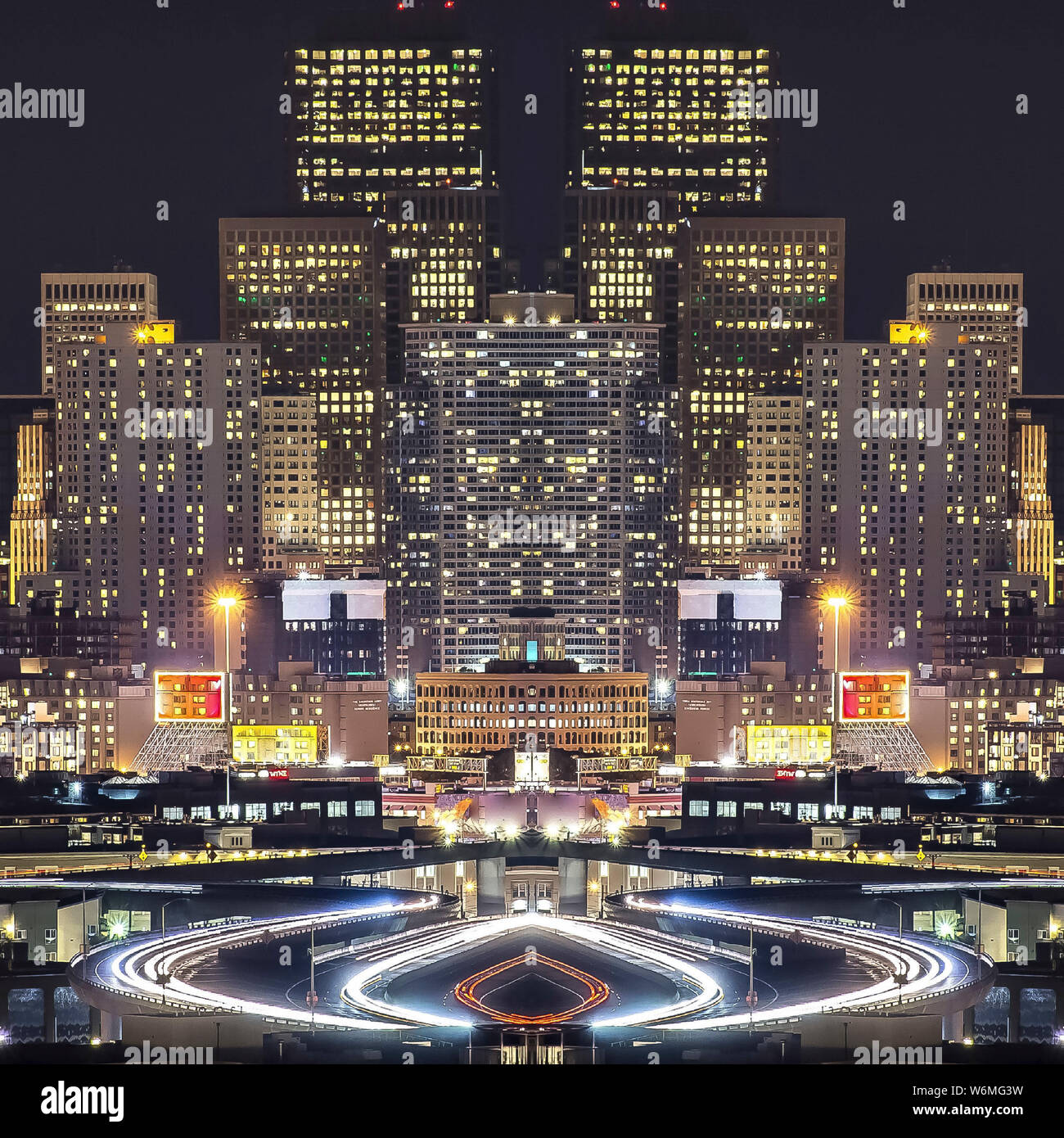Square frame Skyline at night of San Francisco mirrored photo Stock ...