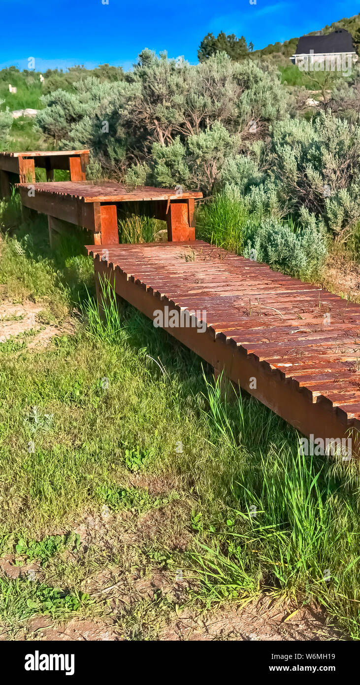 Vertical frame Close up of elevated wooden bike tracks amid grasses and ...