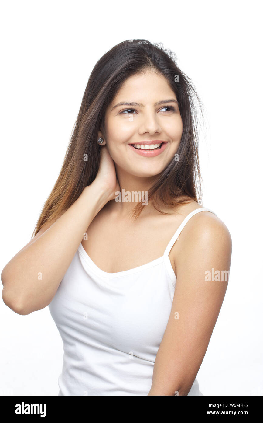 Woman hand neck smile hi-res stock photography and images - Alamy