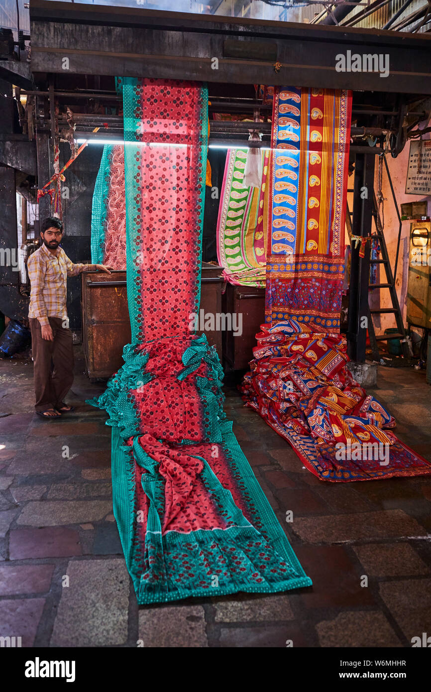 India, Rajasthan, Sari Factory, Textile are dried in the open air ...