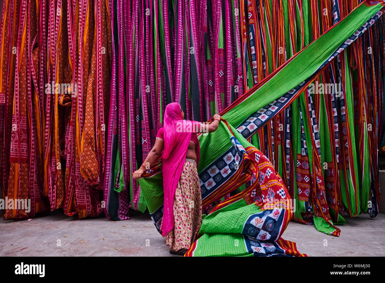 India, Rajasthan, Sari Factory, Textile are dried in the open air ...