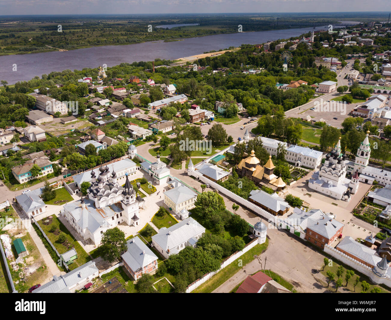 Picturesque city landscape of Murom on Oka river with two main ...