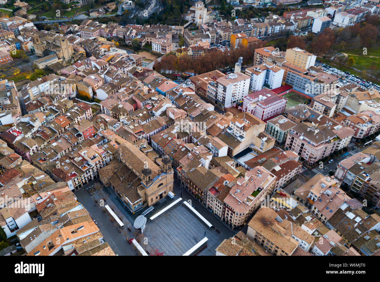Aerial view of tiled housetops of medieval town Estella-Lizarra in ...