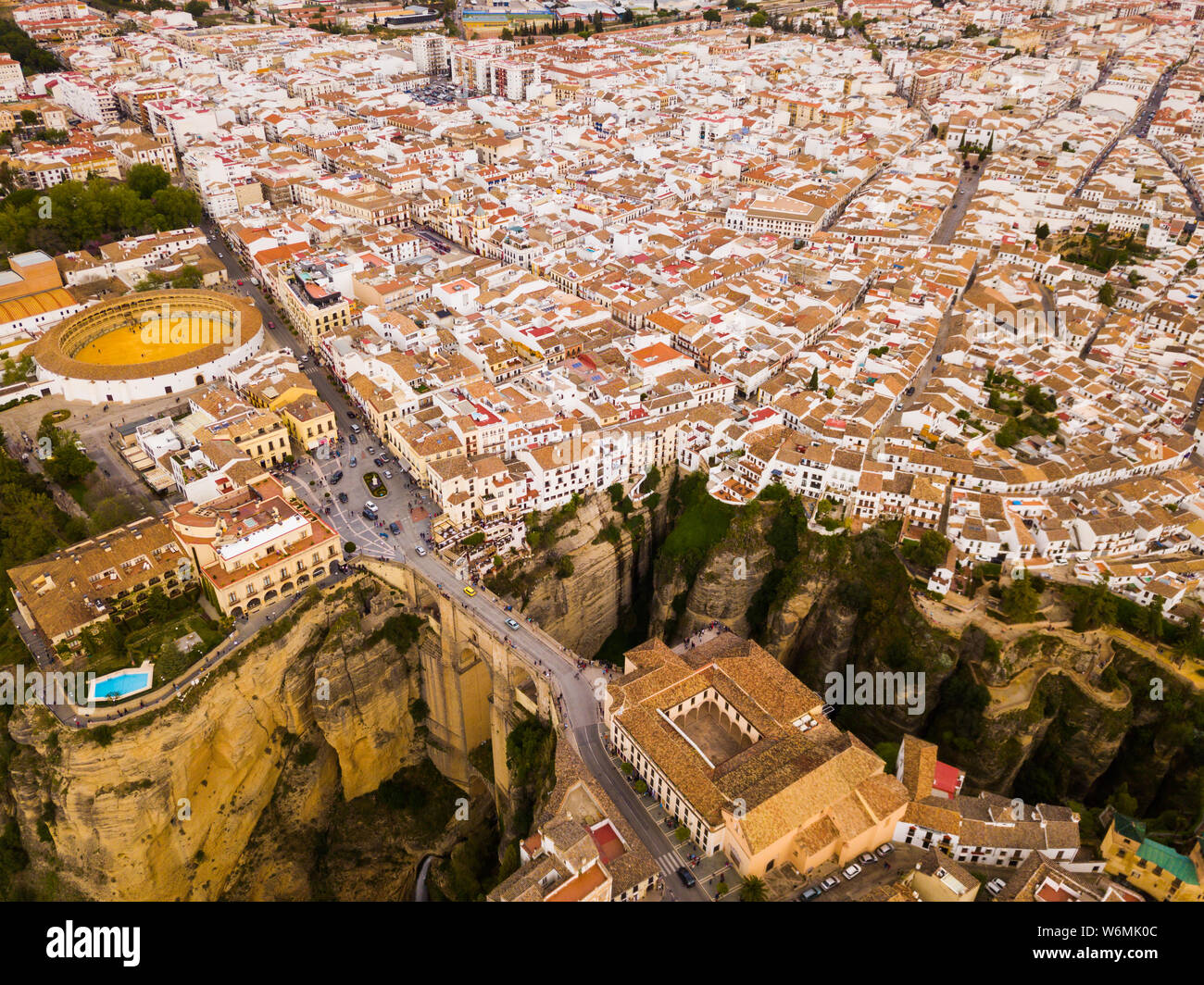 Aerial view of ancient city of Ronda located on two edges of gorge with ...