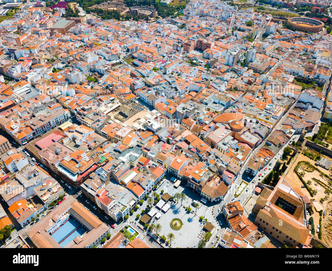 Aerial view of modern Merida cityscape overlooking antique Roman ...