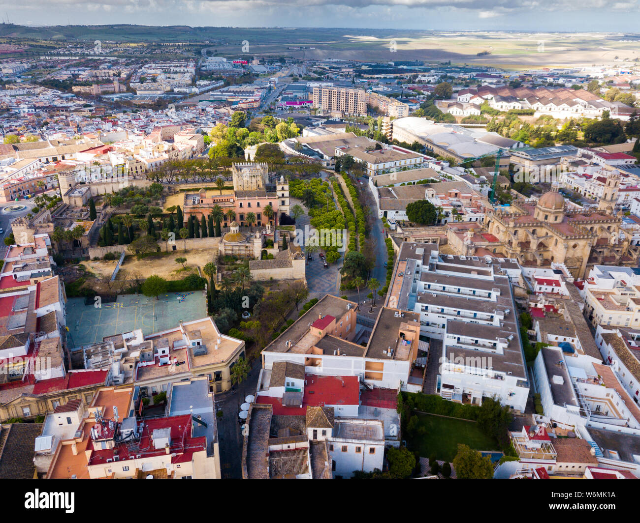 View from drone of residential areas of Spanish town of Jerez de la ...