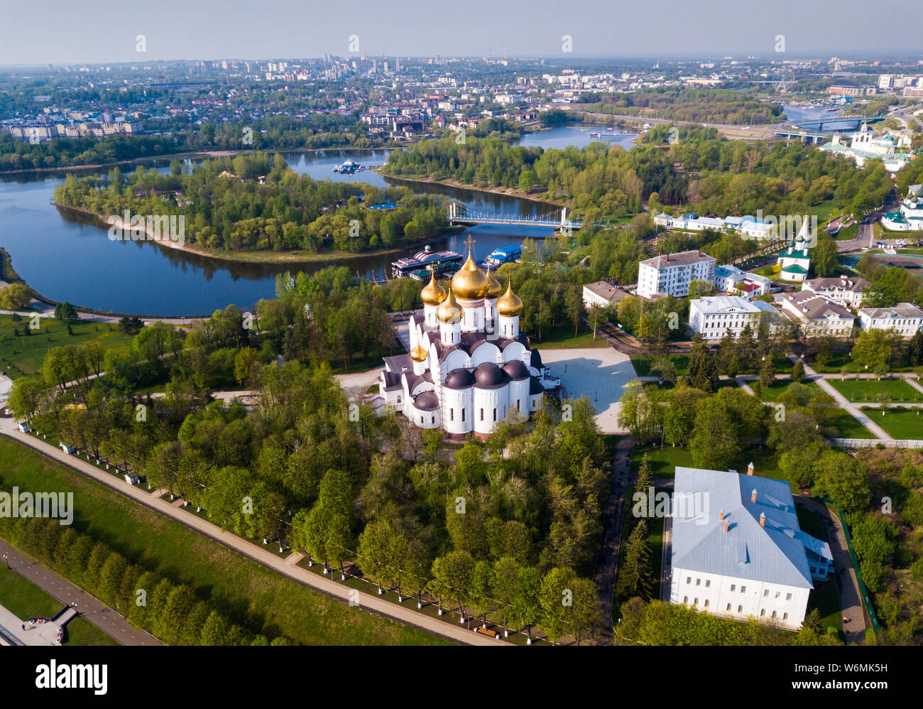 Panoramic aerial view of city of Yaroslavl with buildings, river Volga ...
