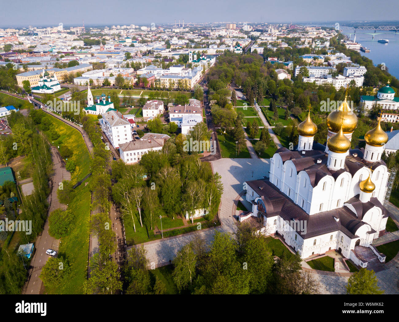 Panoramic aerial view of city of Yaroslavl with buildings, river Volga ...