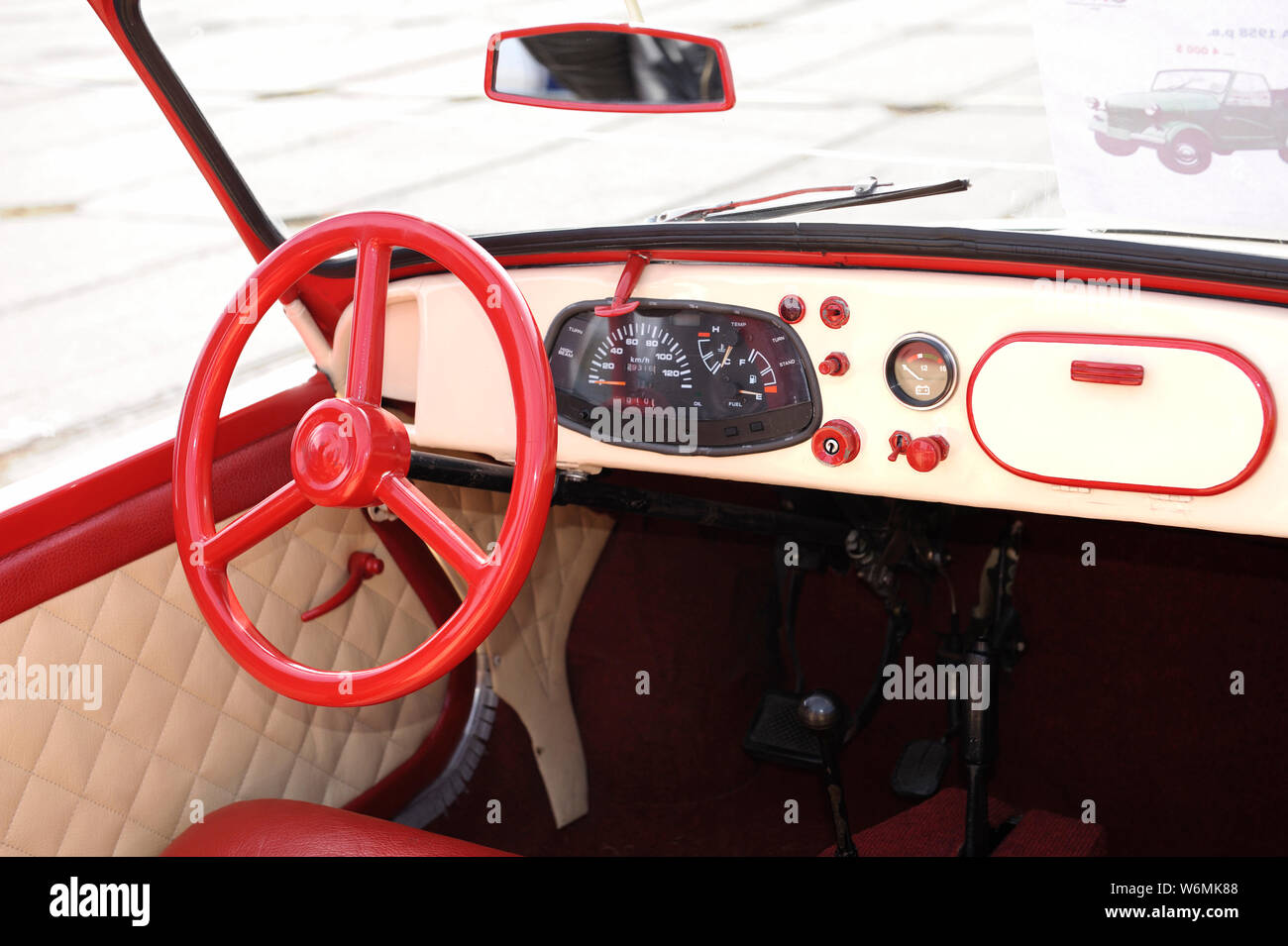Interior of an old car SMZ S3A, model 1958 year, made in USSR: steering ...