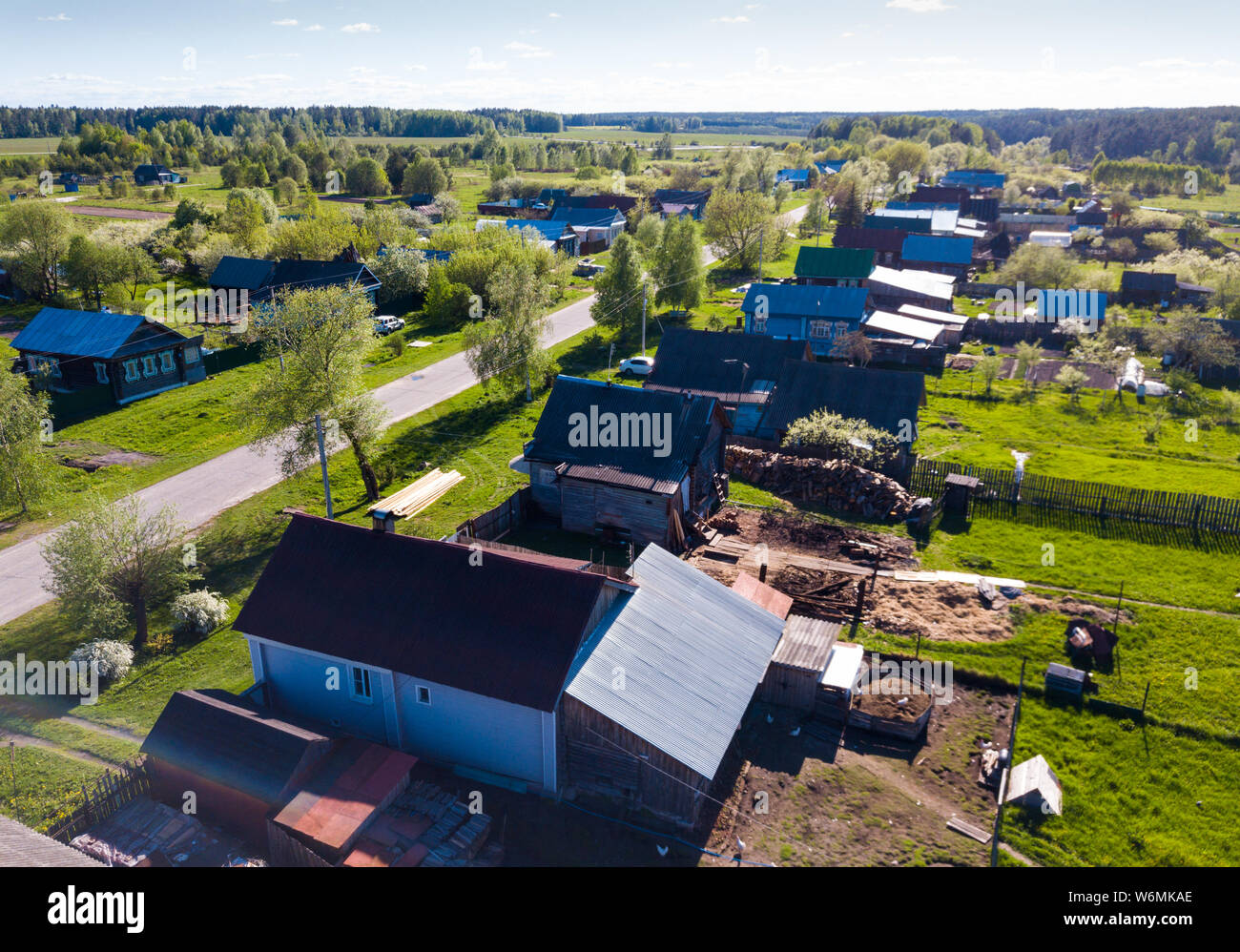 Aerial view of city of Nikolo-Ushna, typical village of Vladimir region ...