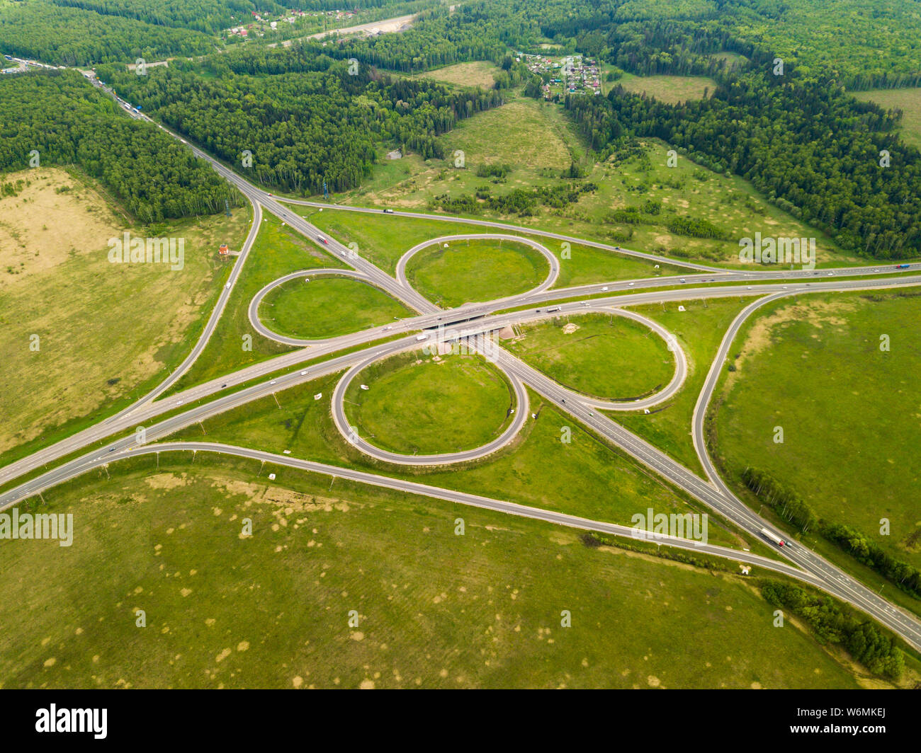 Aerial drone view of circular highway interchange , Russia Stock Photo ...