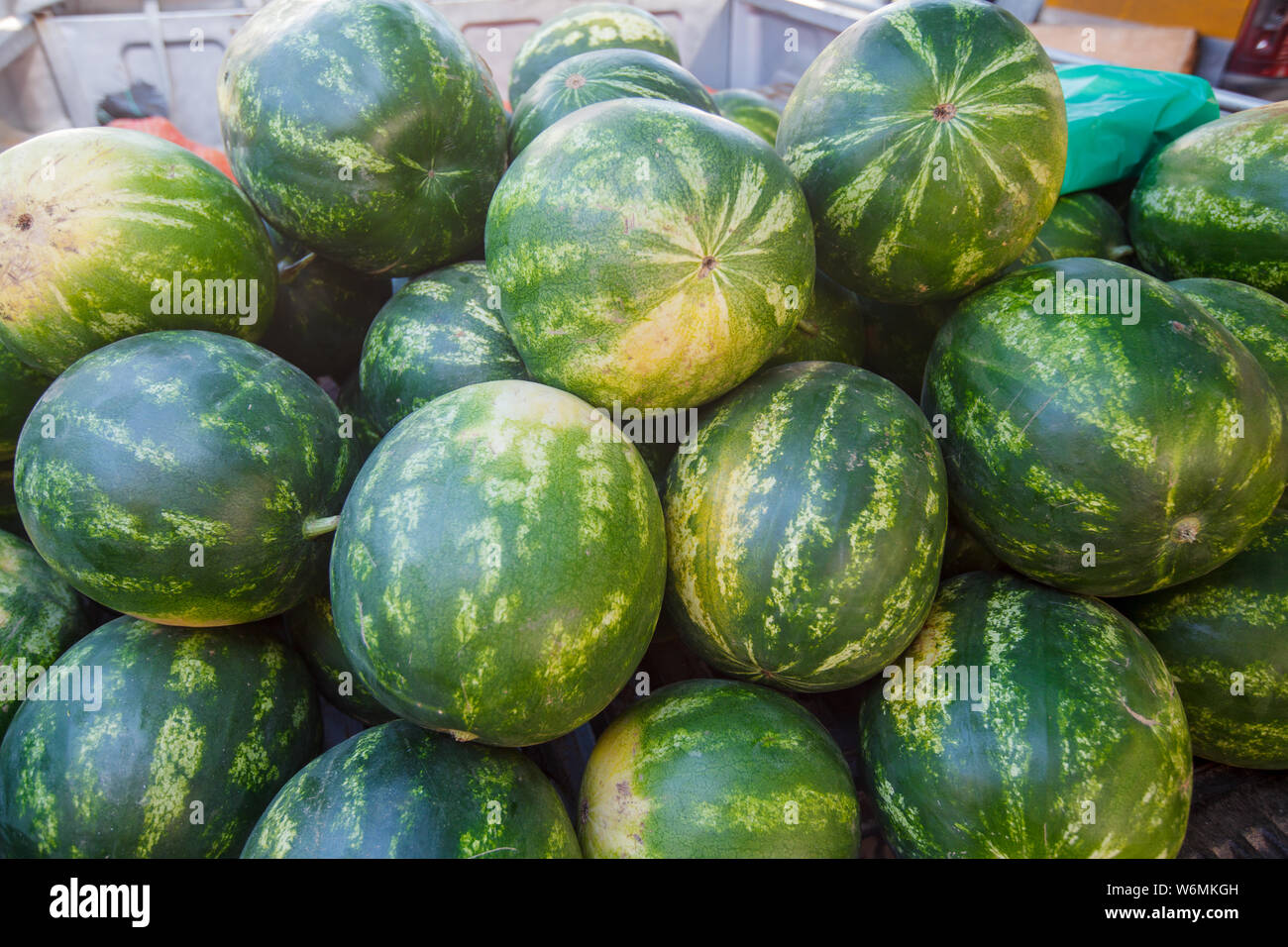 Pile Of Fresh Tasty Summer Fruit Watermelons On Local Green Market ...