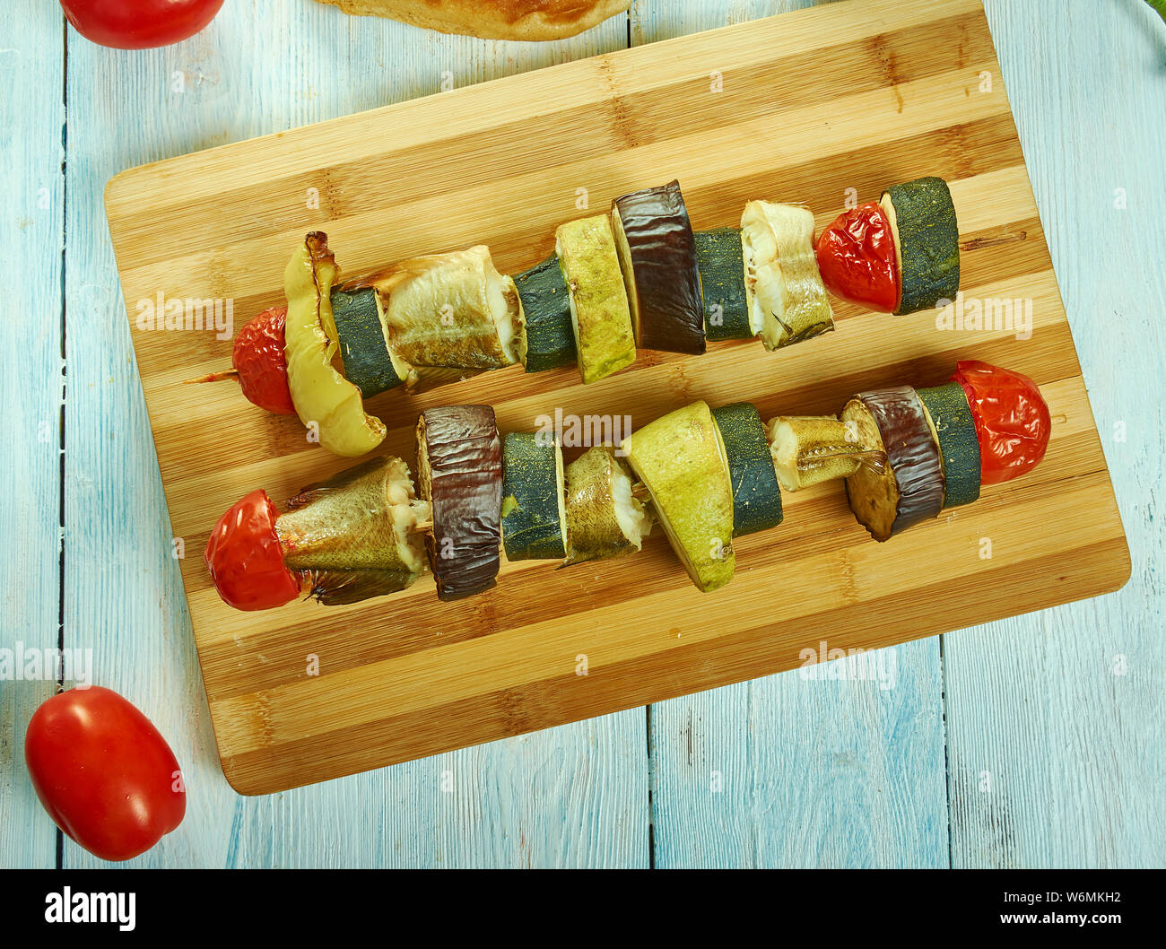 Sicilian Grilled cod kebab with vegetables, Mediterranean Dish Stock ...