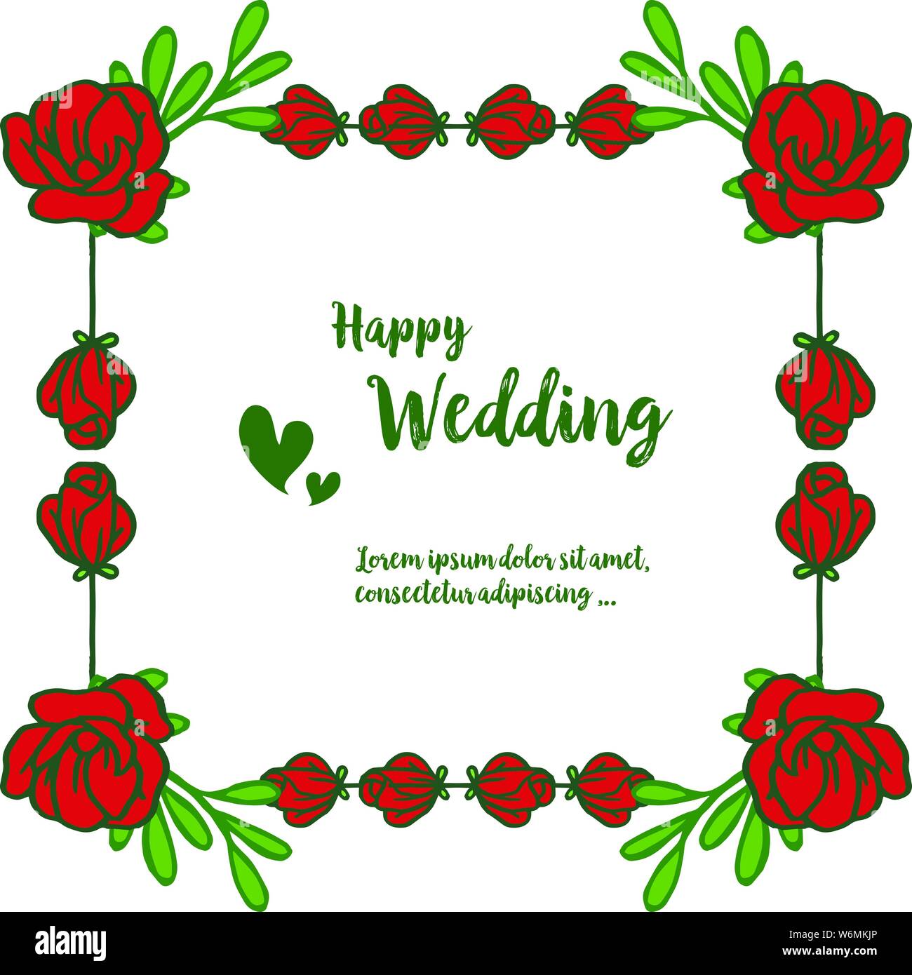 Red rose flowers, frame of leaf, lettering of happy wedding, for ...