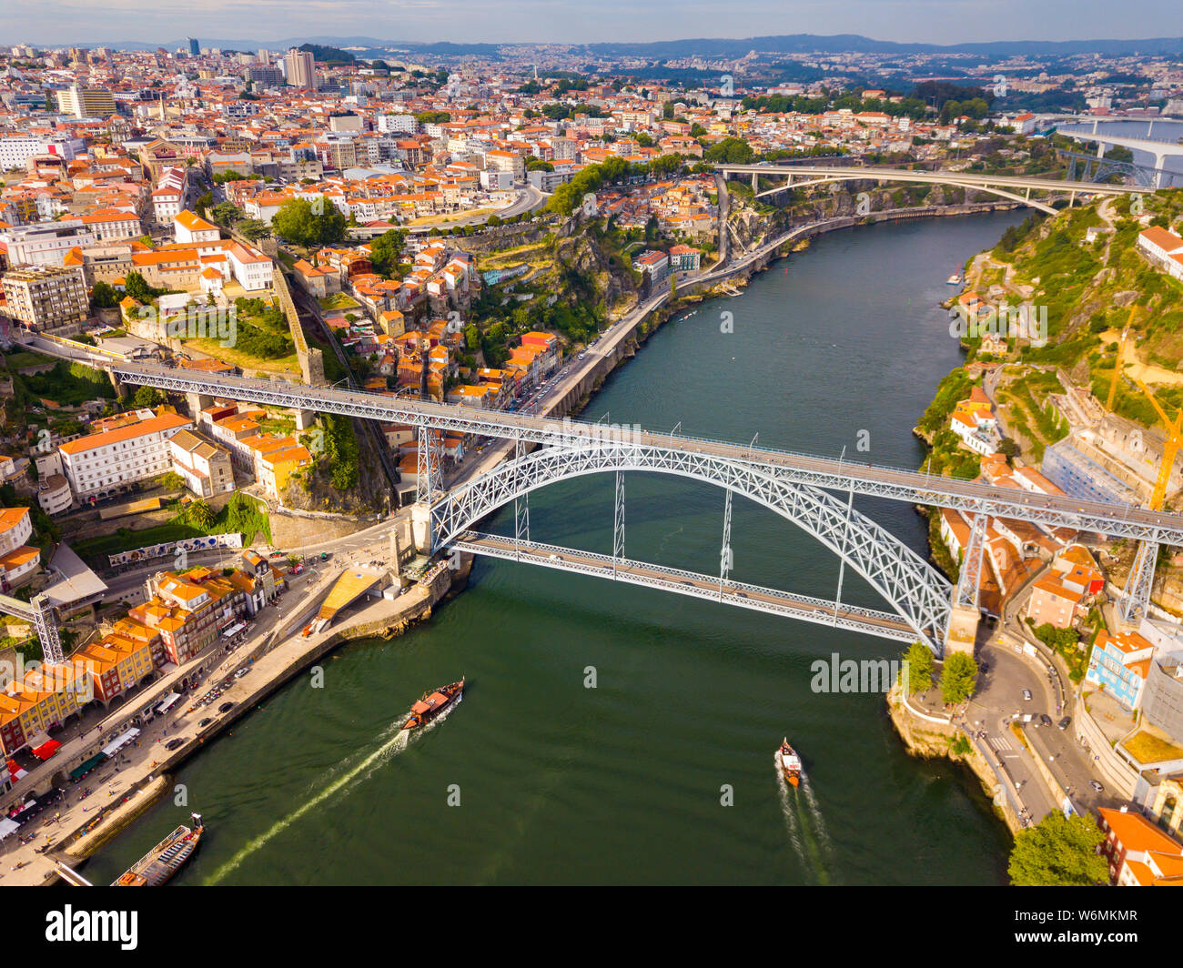 Porto city view with Douro river and Dom Luis I bridge, Portugal Stock ...