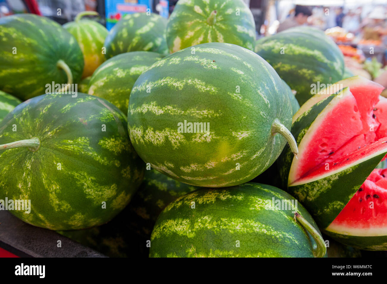 Pile Of Fresh Tasty Summer Fruit Watermelons On Local Green Market ...