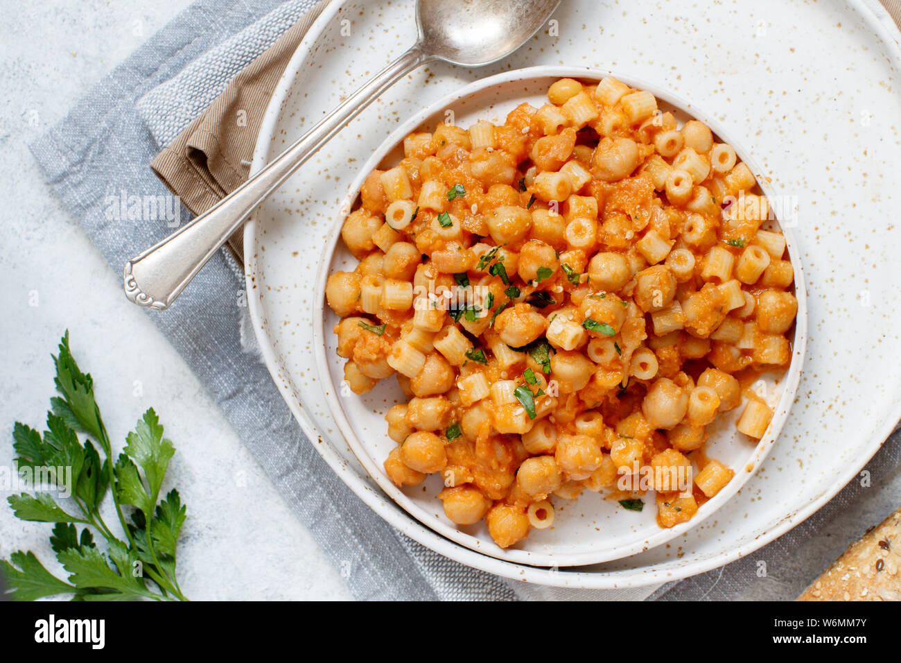 Ditalini pasta with chickpeas italian recipe top view Stock Photo - Alamy