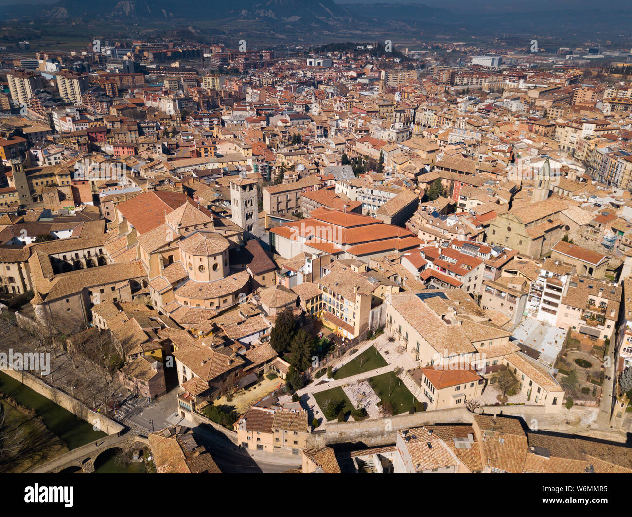 Aerial view of historic centre of Spanish town of Vic, Catalonia Stock ...