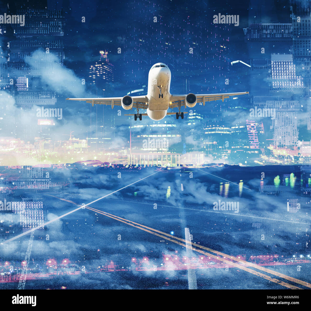 Airplane soaring high in colorful background with various buildings ...