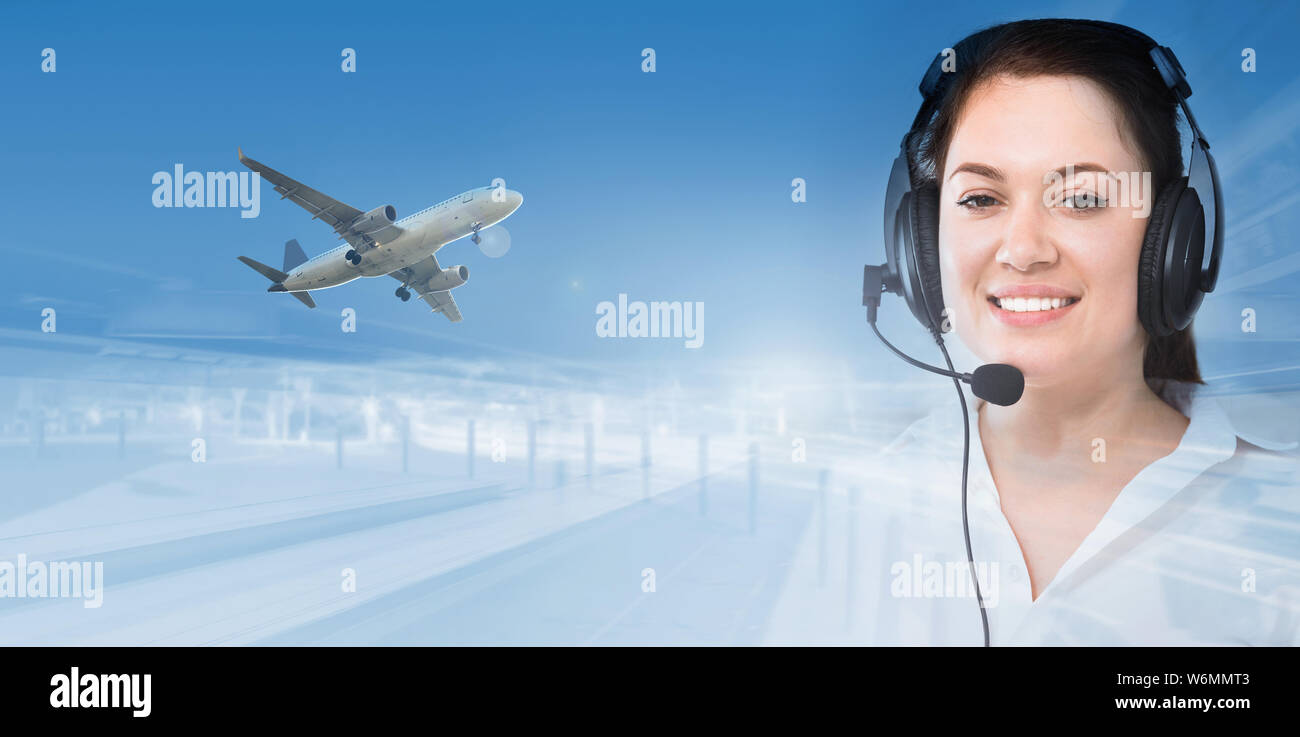 Woman dispatcher assisting in navigating airplanes during day Stock ...