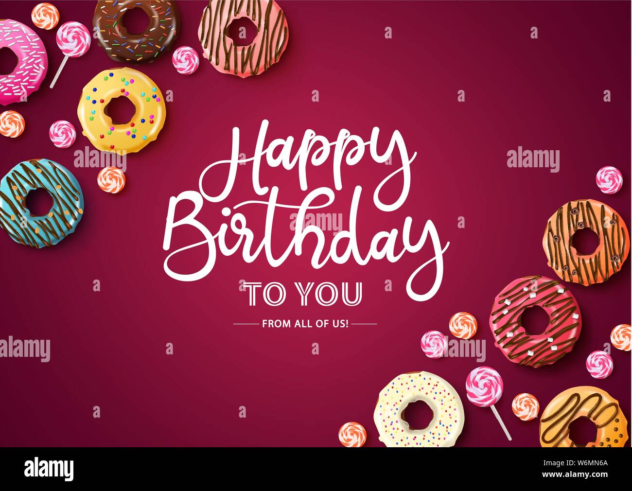 Happy birthday vector typography with donuts. Happy birthday text with ...