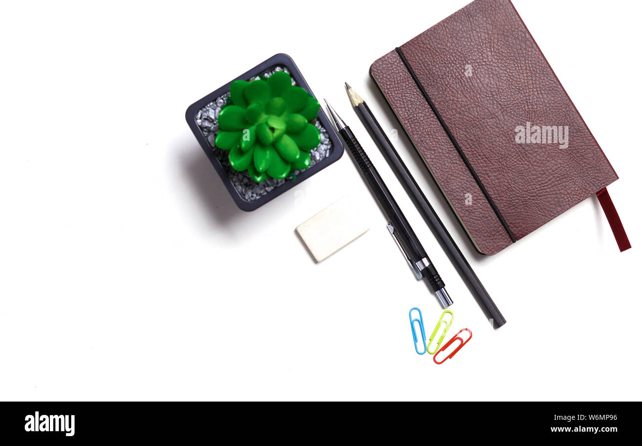 diary, pencils and cactus on the desktop Stock Photo - Alamy