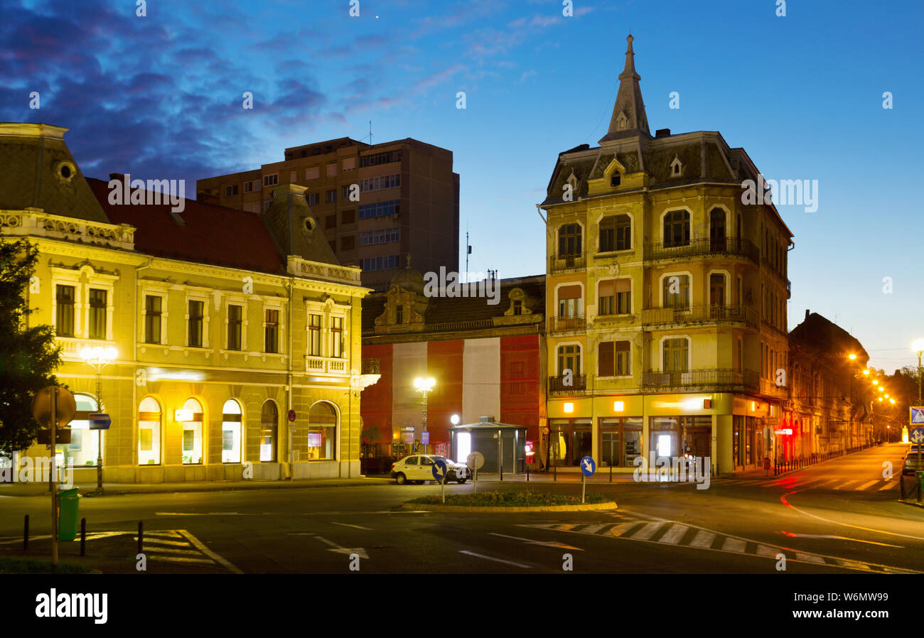 Impressive architecture of Oradea streets at night, Romania Stock Photo ...