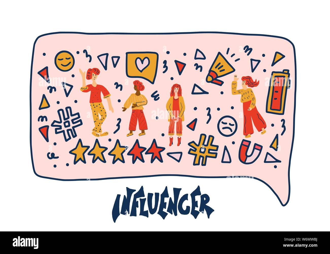 Influencer concept. Stylized word with speech bubble, design elements ...