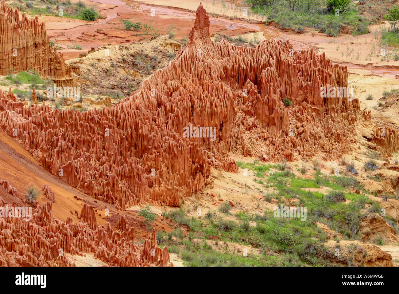 Red sandstone formations and needles (Tsingys) in Tsingy Rouge Park in ...