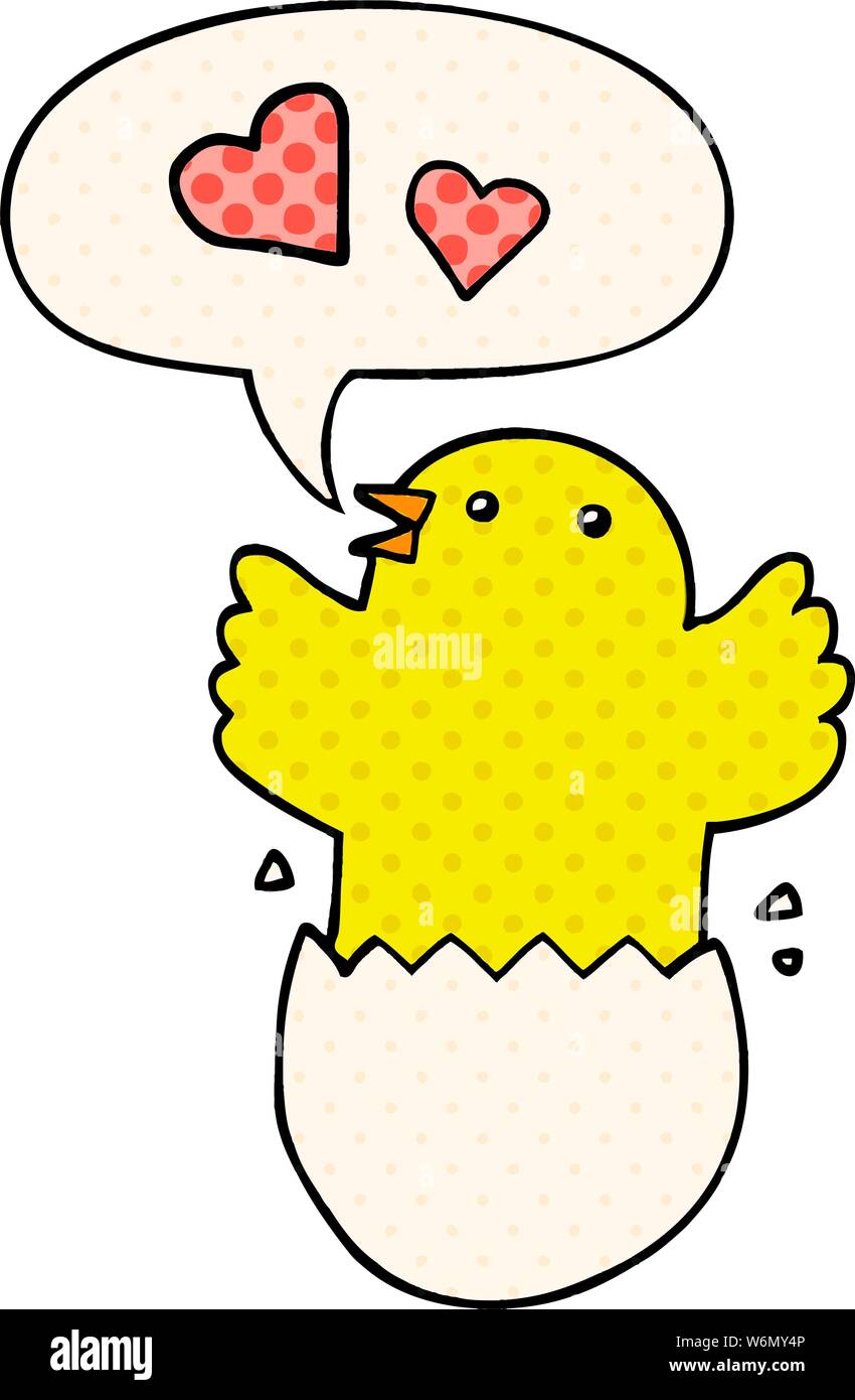 cute hatching chick cartoon with speech bubble in comic book style ...