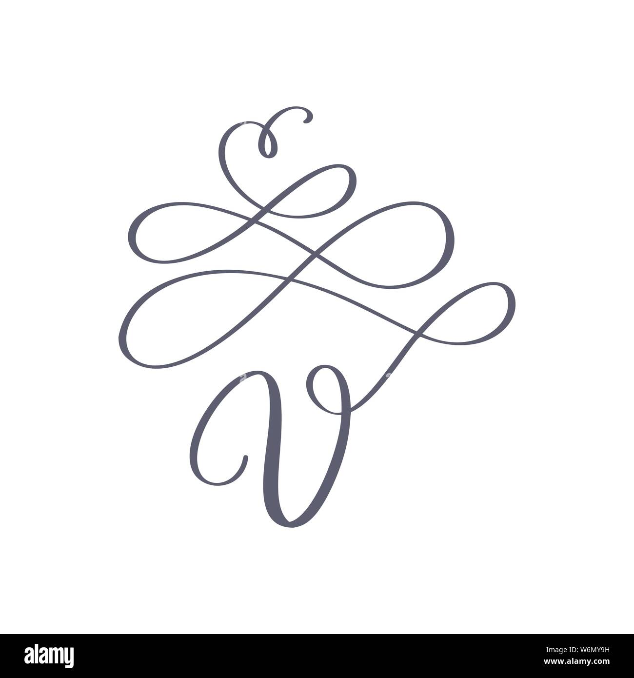Vector Hand Drawn calligraphic floral V monogram or logo. Uppercase ...