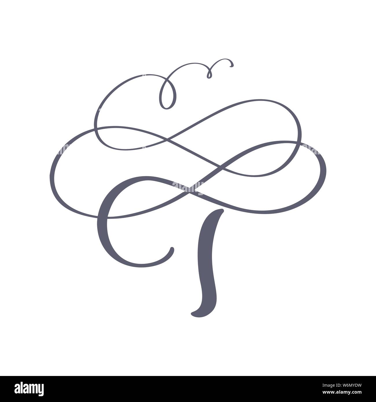 Vector Hand Drawn calligraphic floral T monogram or logo. Uppercase ...