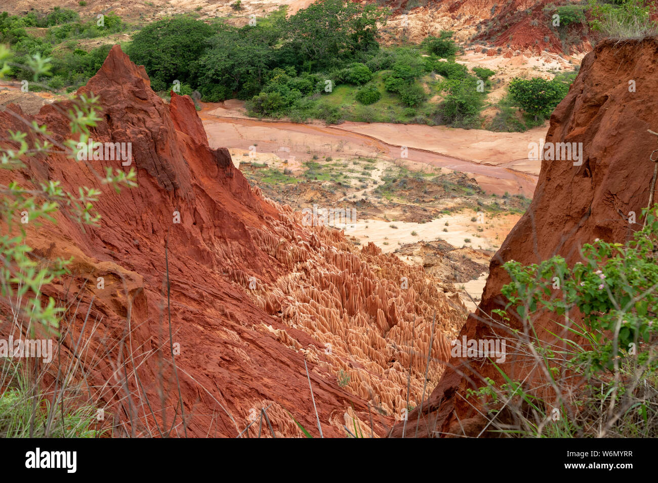Red sandstone formations and needles (Tsingys) in Tsingy Rouge Park in ...