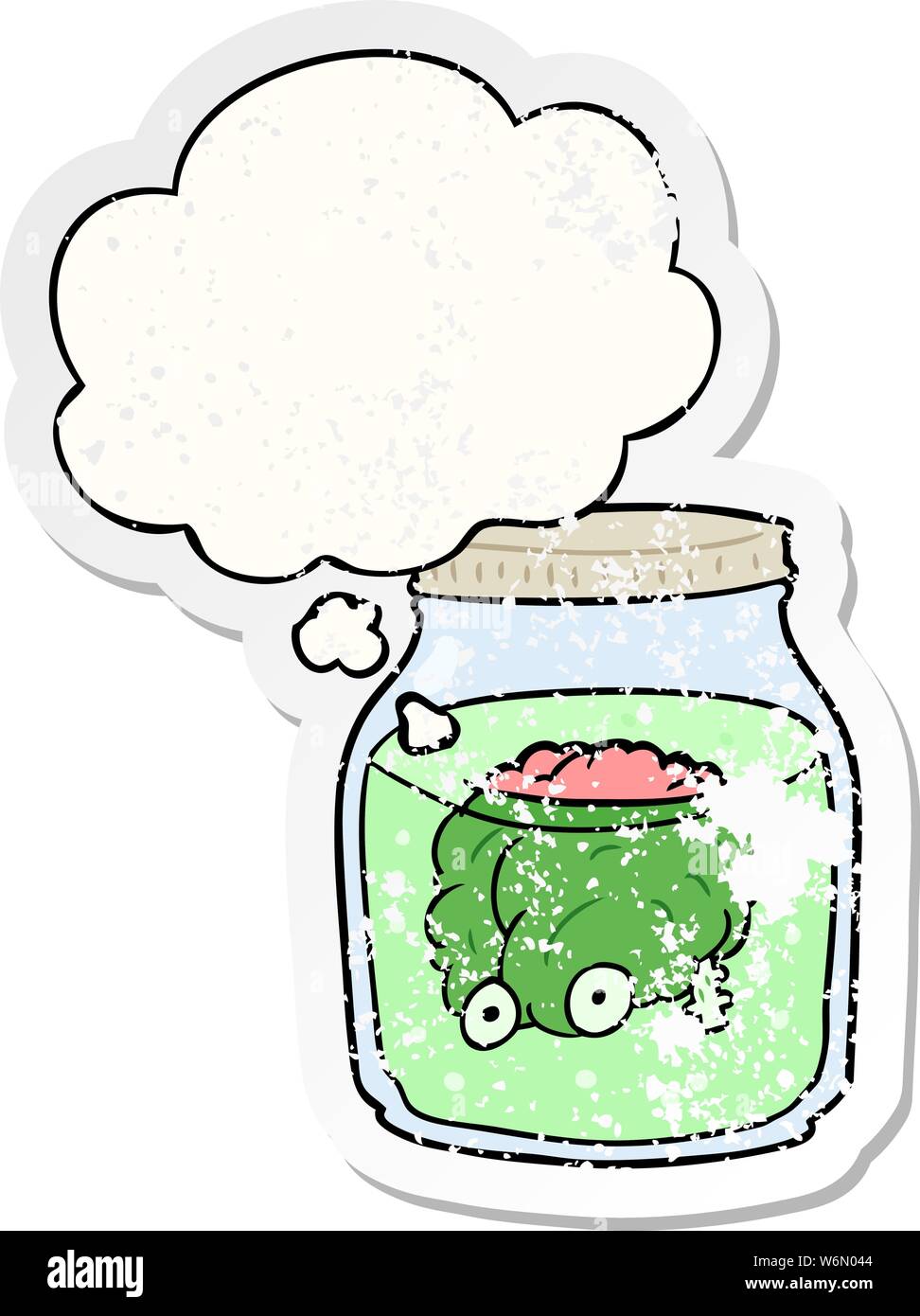 cartoon spooky brain in jar with thought bubble as a distressed worn ...