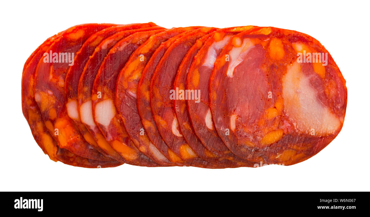 Sliced chorizo sausage. Isolated over white background Stock Photo - Alamy