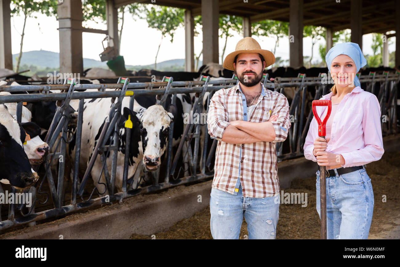 Confident young man and woman owners of dairy farm standing in stall on ...