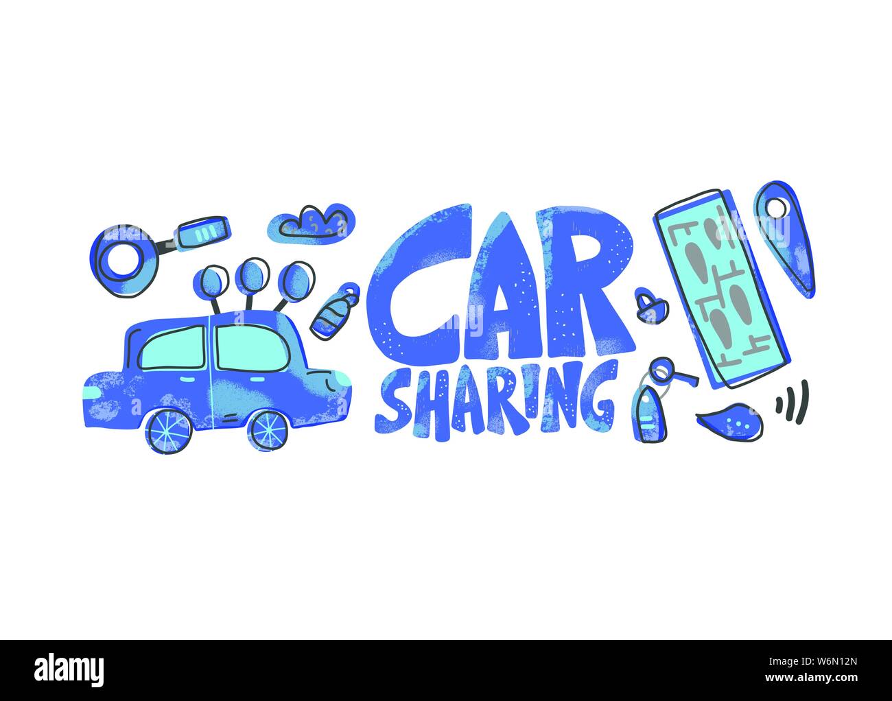Car sharing concept. Hand lettering with symbols. Car sharing phrase ...