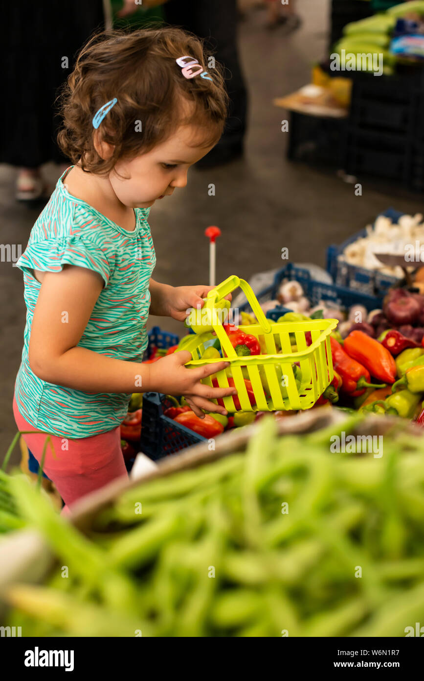Kid shopping in vegetable market. Child collect peppers in basket Stock ...