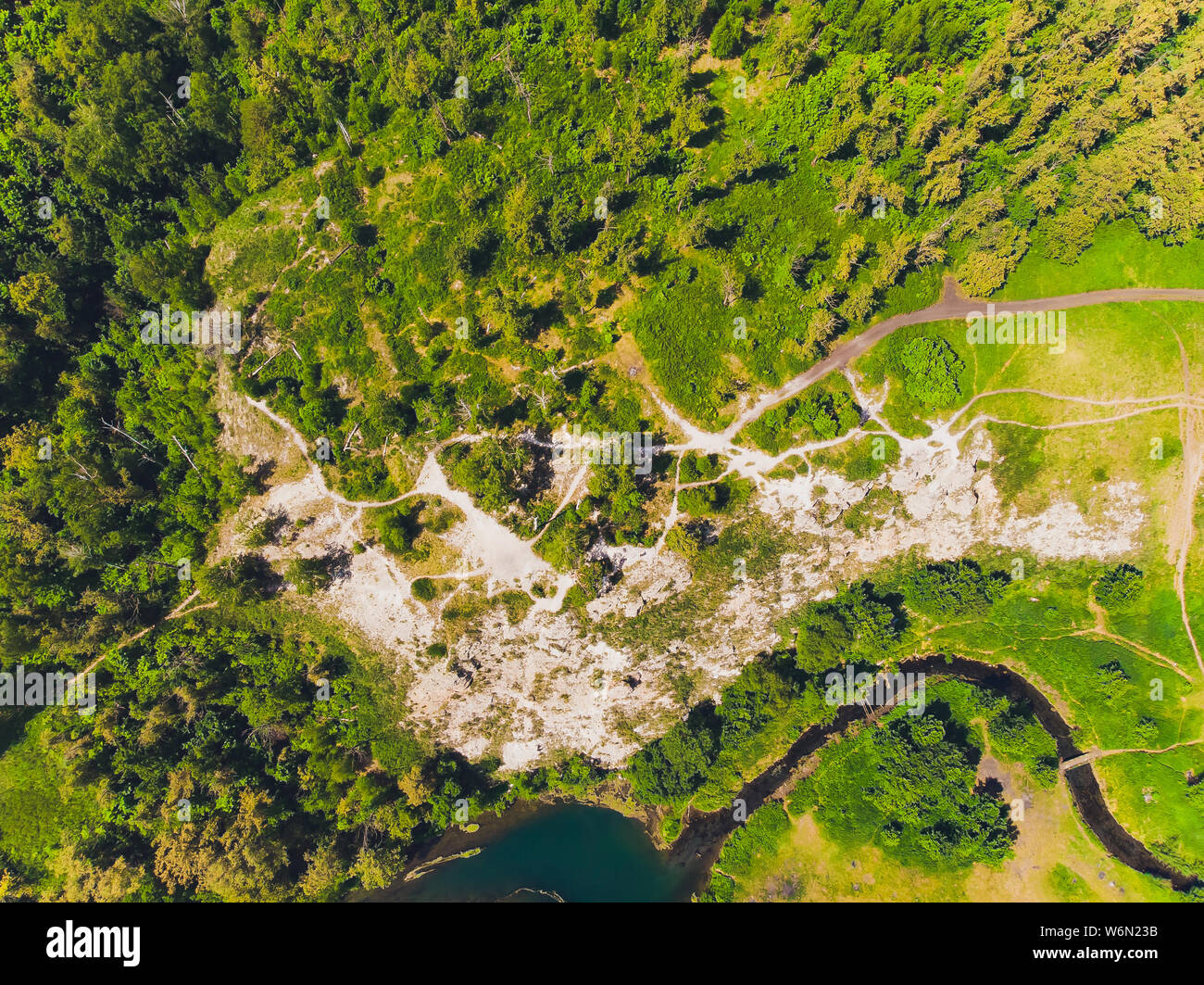 Top view of a thin river and fields around it Stock Photo - Alamy